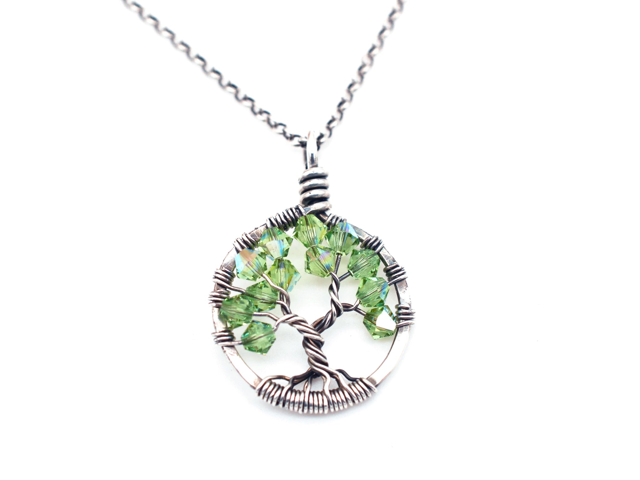 Silver Peridot Tree of Life Crystal Necklace August Treasure Trove Jewelry LLC